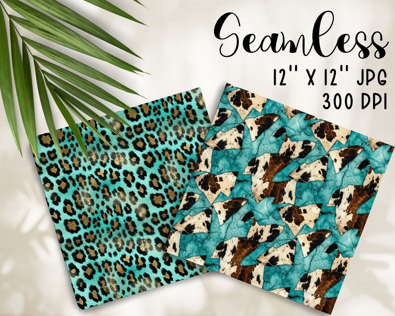 Seamless Leopard Cowhide and Turquoise Digital Paper Bundle, Digital ...
