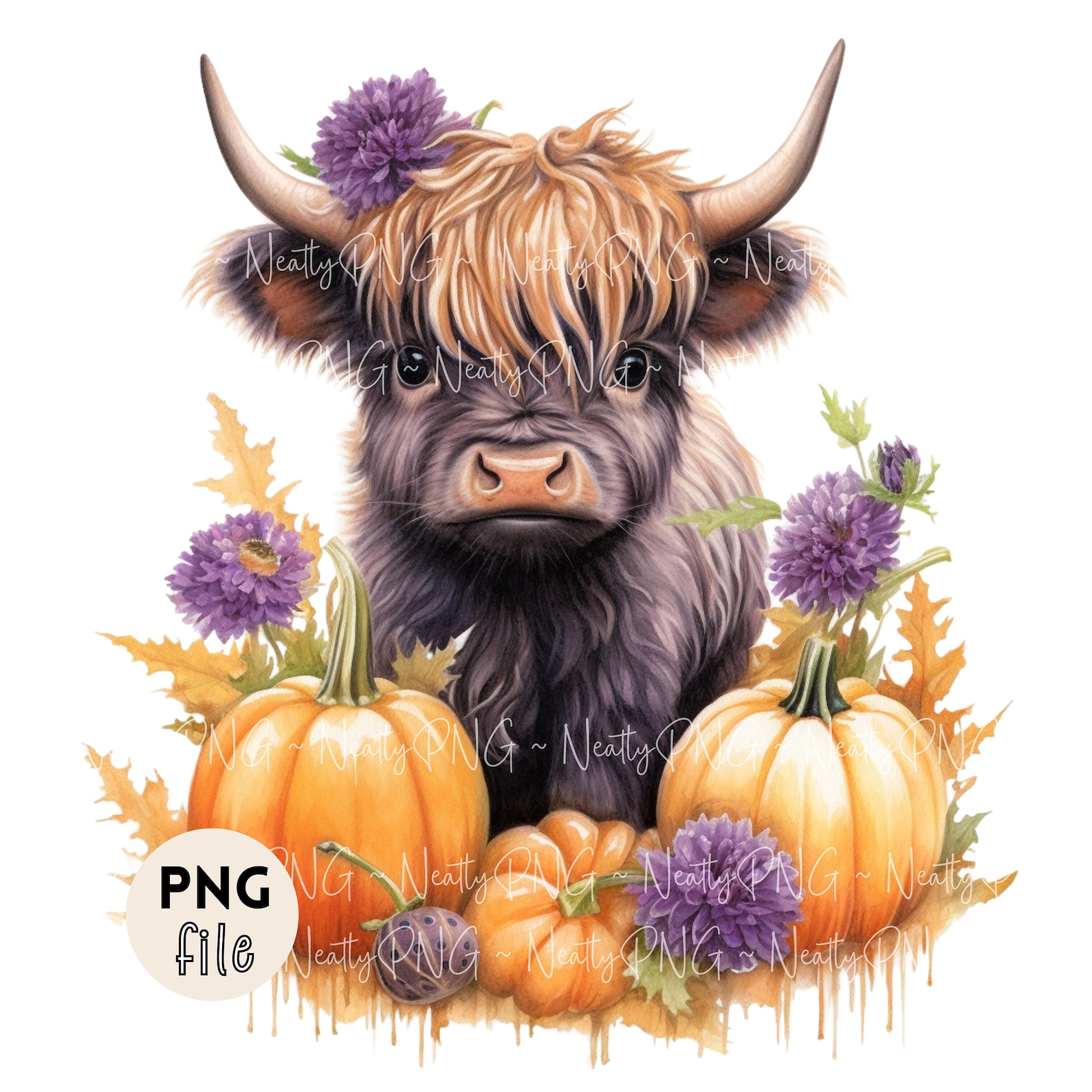 Baby Highland Cow Png, Fall Png, Watercolor Pumpkins and Purples Leaves ...