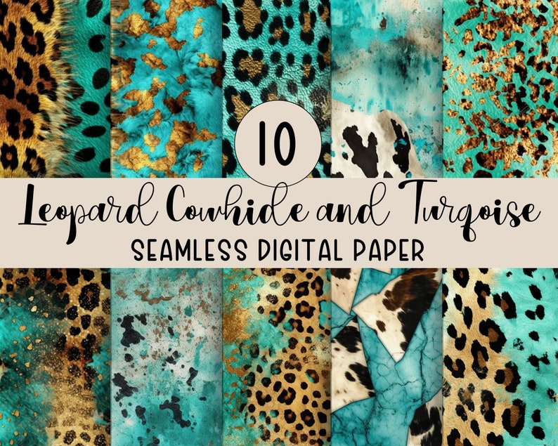 Seamless Leopard Cowhide and Turquoise Digital Paper Bundle, Digital ...