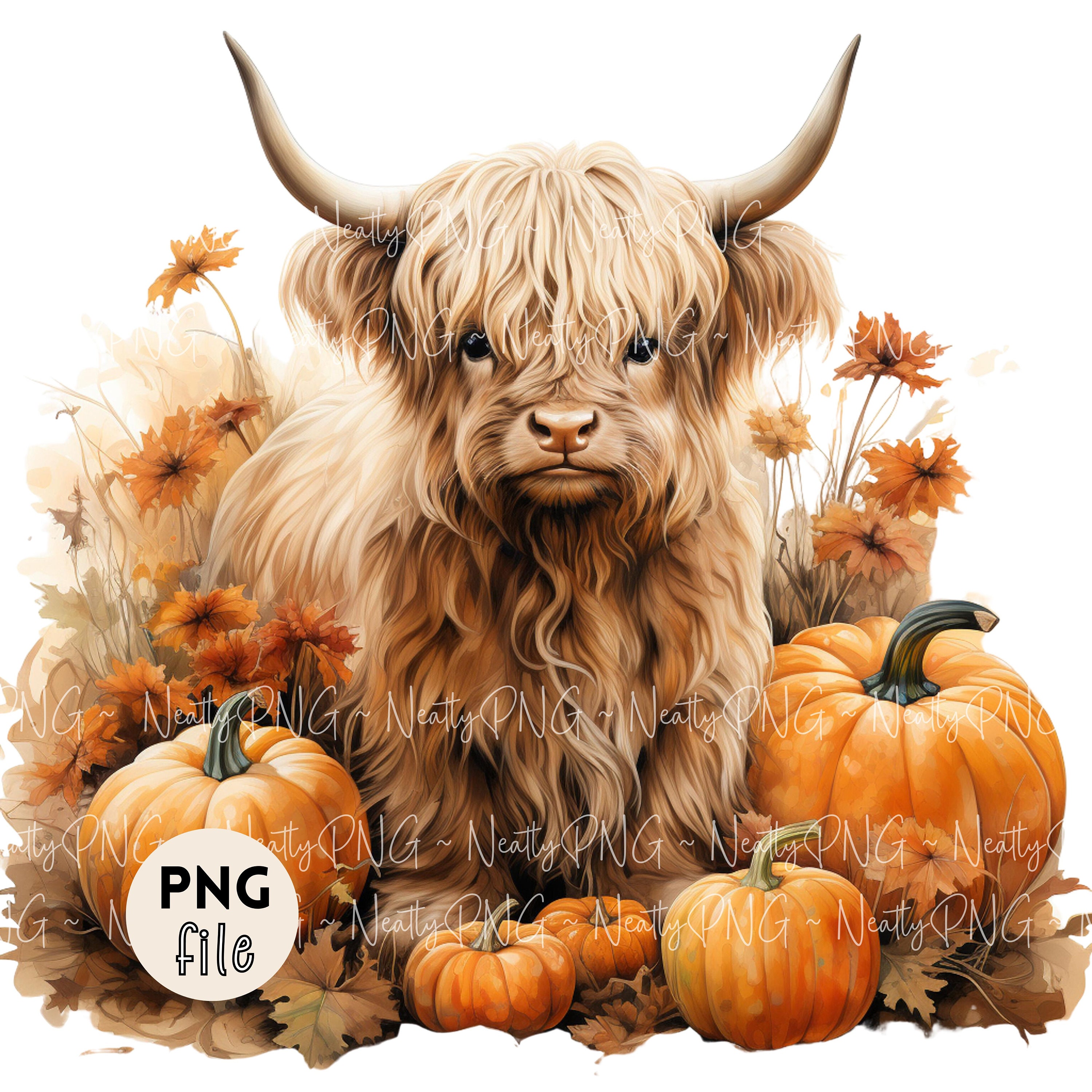 Baby Highland Cow Png Bundle, Fall Png, Watercolor Pumpkins and Purples ...