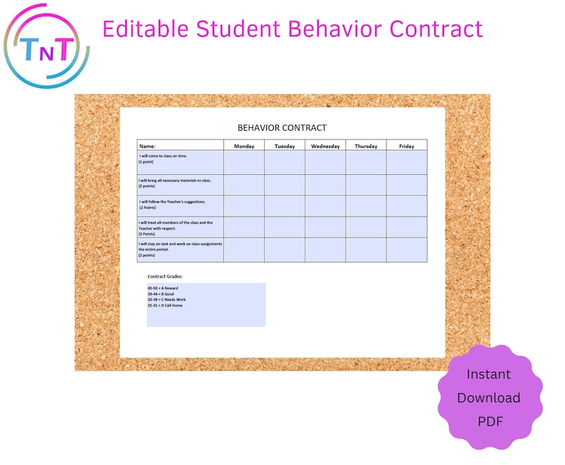 Editable Printable Classroom Student Behavior Modification Contract ...