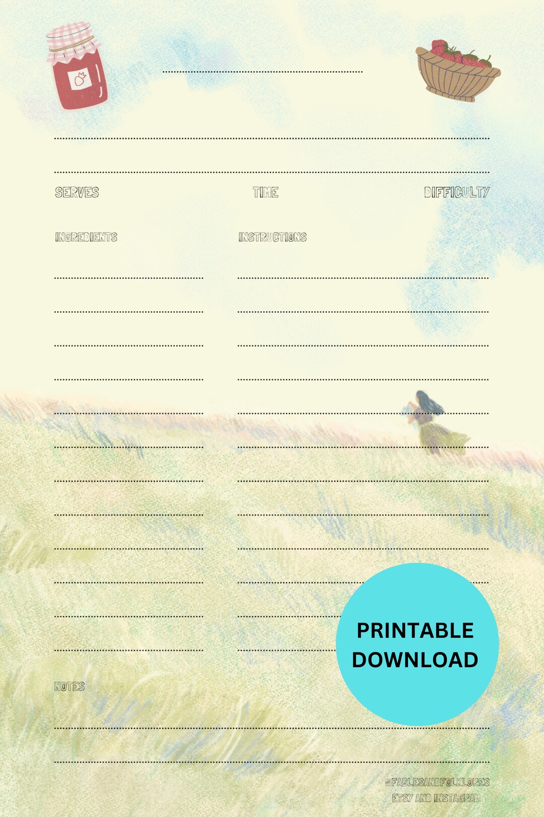 Cottagecore Recipe Card PRINTABLE DOWNLOAD Pdf Instant Download Cooking ...