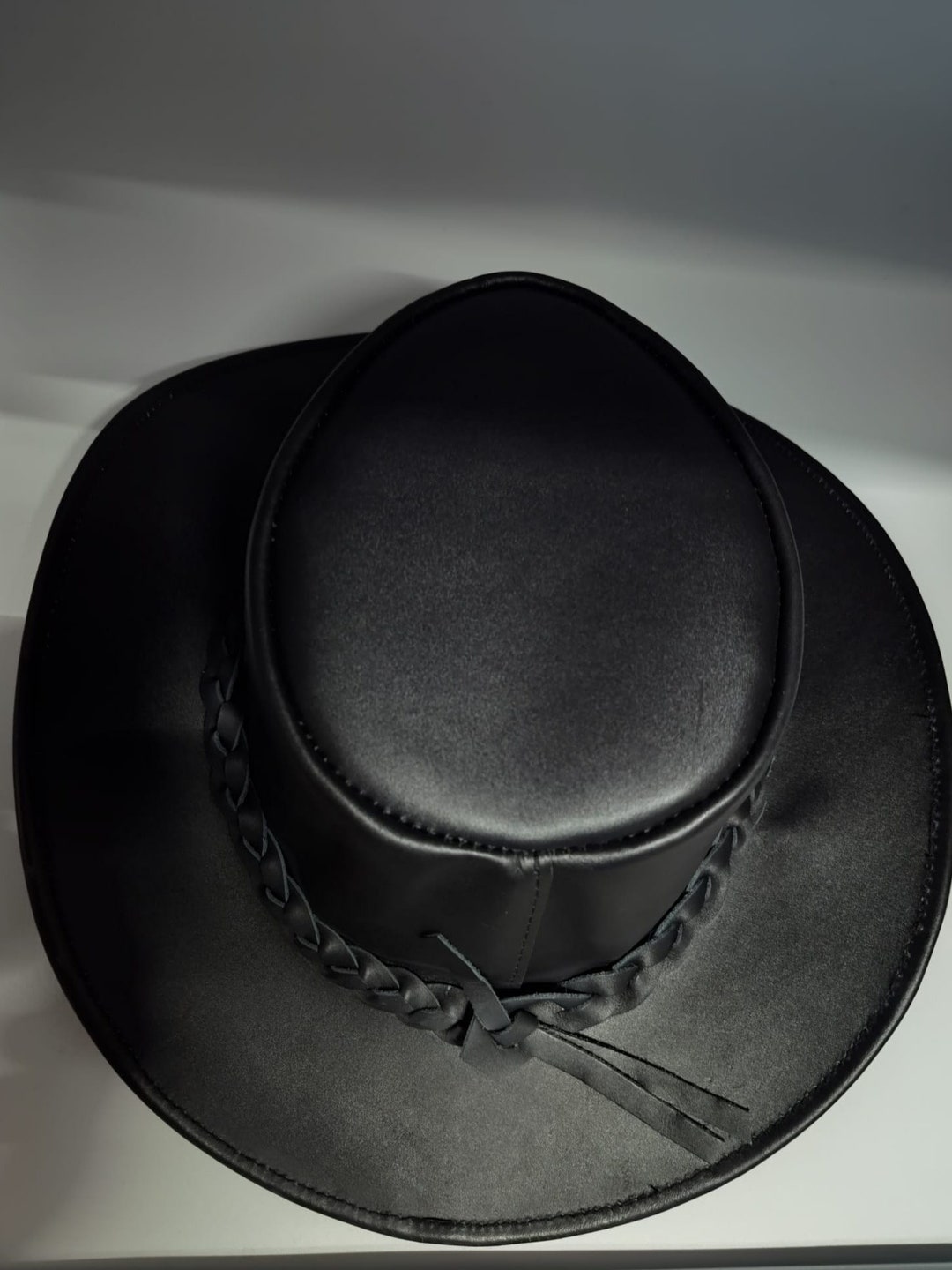 Black Leather Outback Hat With Braided Band | Rustic Cowboy Fedora for ...
