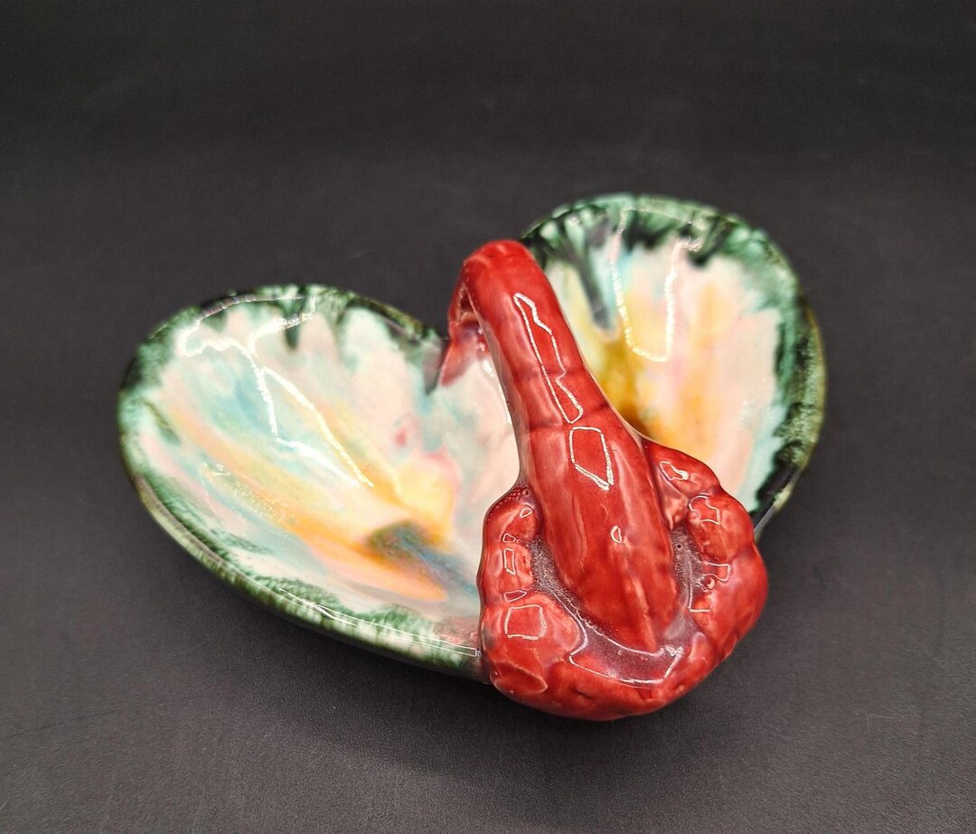 Vintage Ceramic Heart-shaped Applied Lobster Drip Glaze Pottery Trinket ...