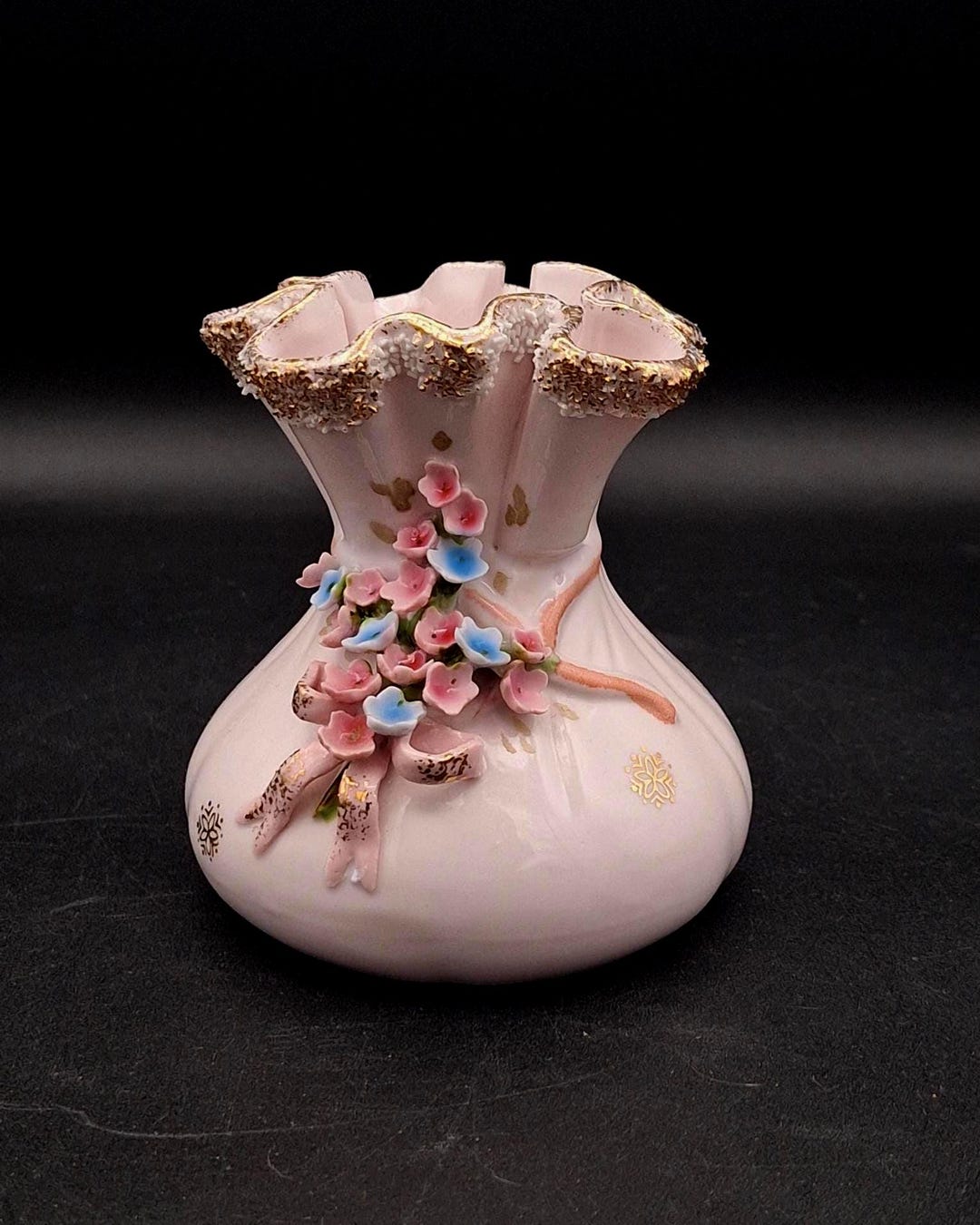 Vintage Lefton China Vase: Pink Porcelain Ruffled Top, Floral Accents ...