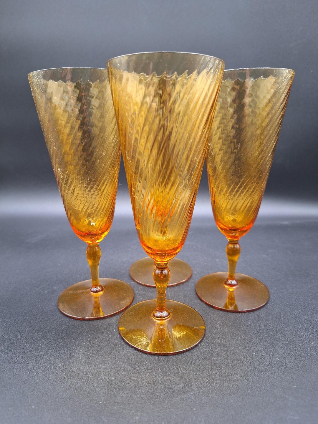 Unique Vintage Amber Optic Swirl Cordial Inverted Baluster Glasses Set ...