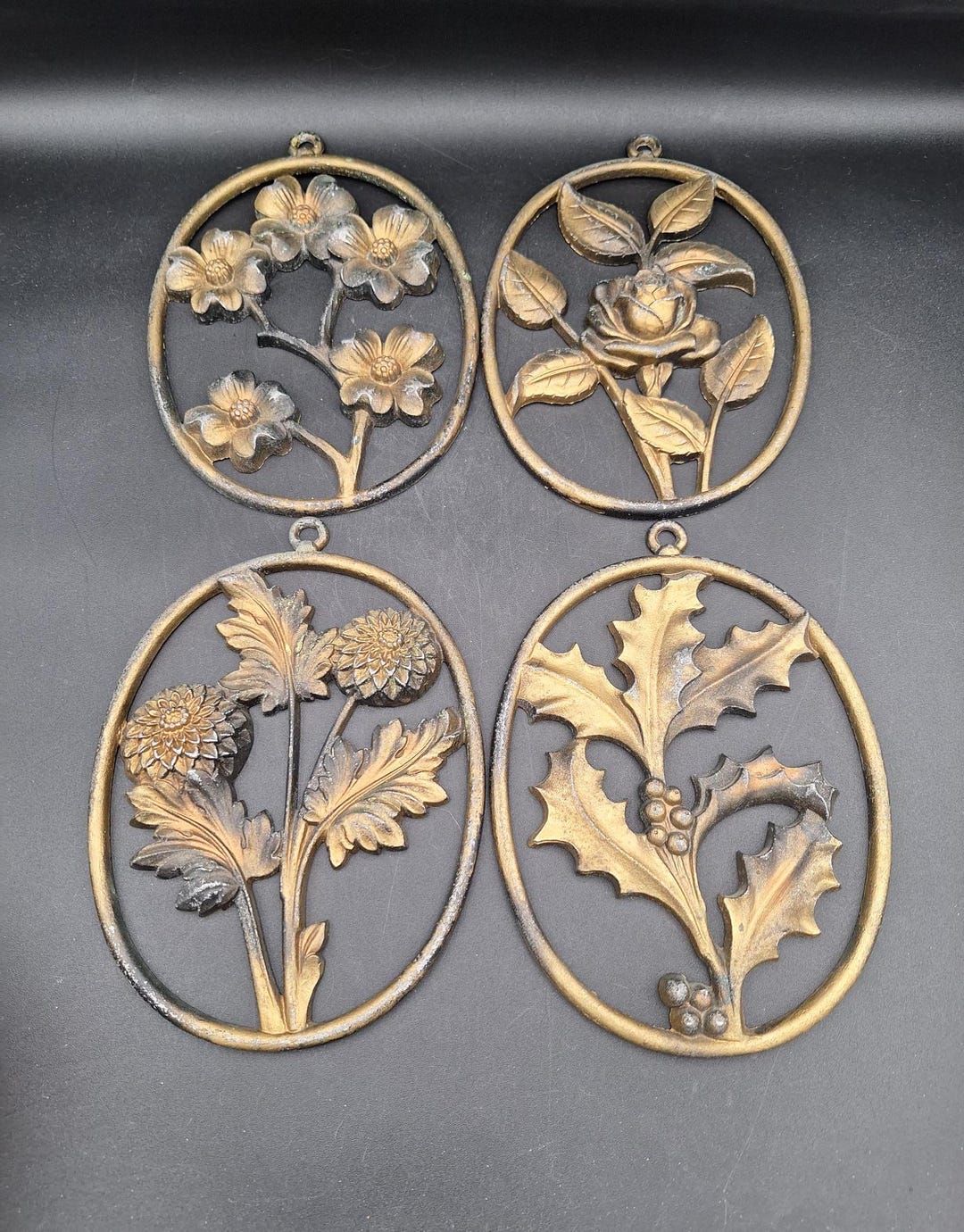 Vintage Sexton Metalcraft Floral Wall Hanging Décor MCM Gold Patina ...