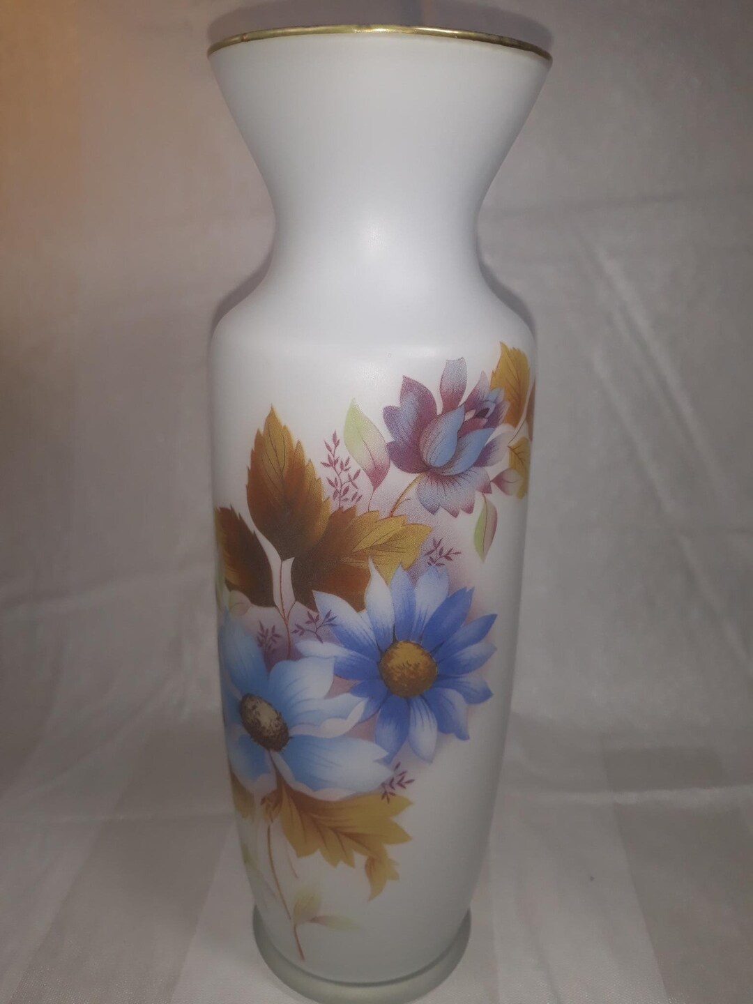 Vintage Frosted, Gold Rimmed, Glass Vase W/ Hand Painted Flowers/leaves, Blue/white/purple - Etsy