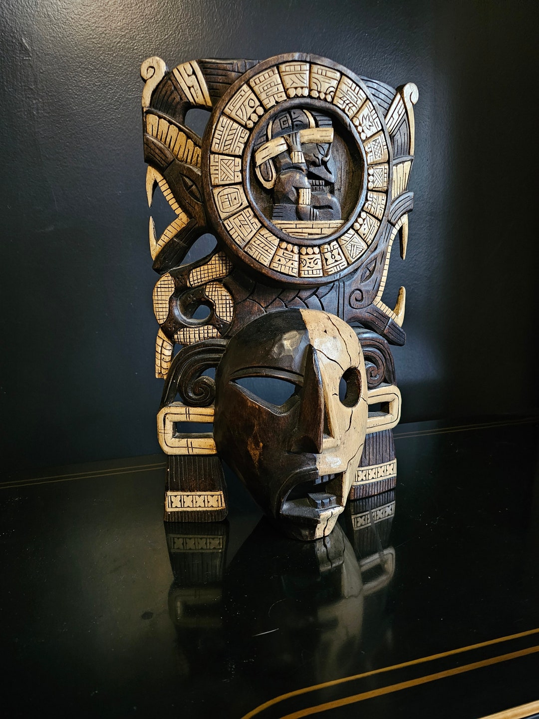 Hand Carved Mexican Wood Mask Chichen Itza Mayan Half Skull - Etsy