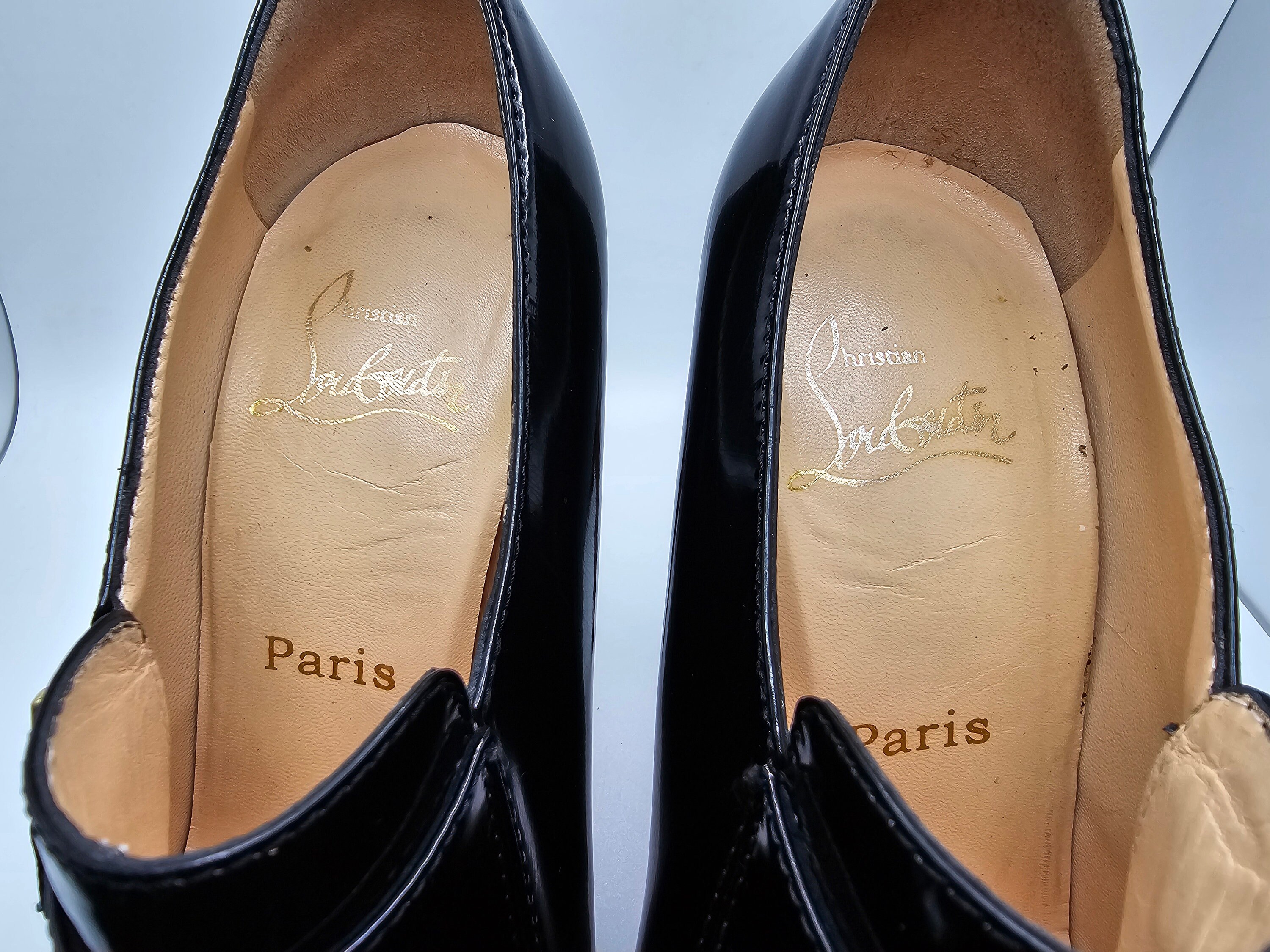 Christian Louboutin Size UK 39 Lapono Patent Leather Black Booties Gold ...
