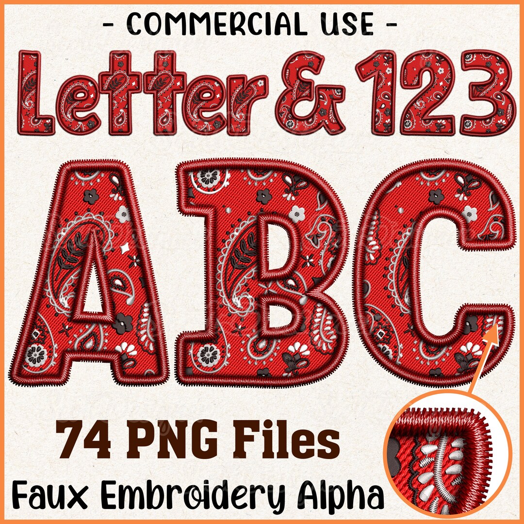 Red Bandana Faux Embroidery PNG Alphabet, Doodle Red Bandana Pattern ...