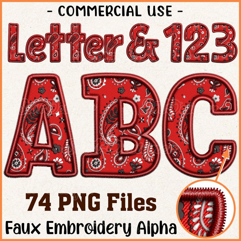 Red Bandana Faux Embroidery PNG Alphabet, Doodle Red Bandana Pattern ...
