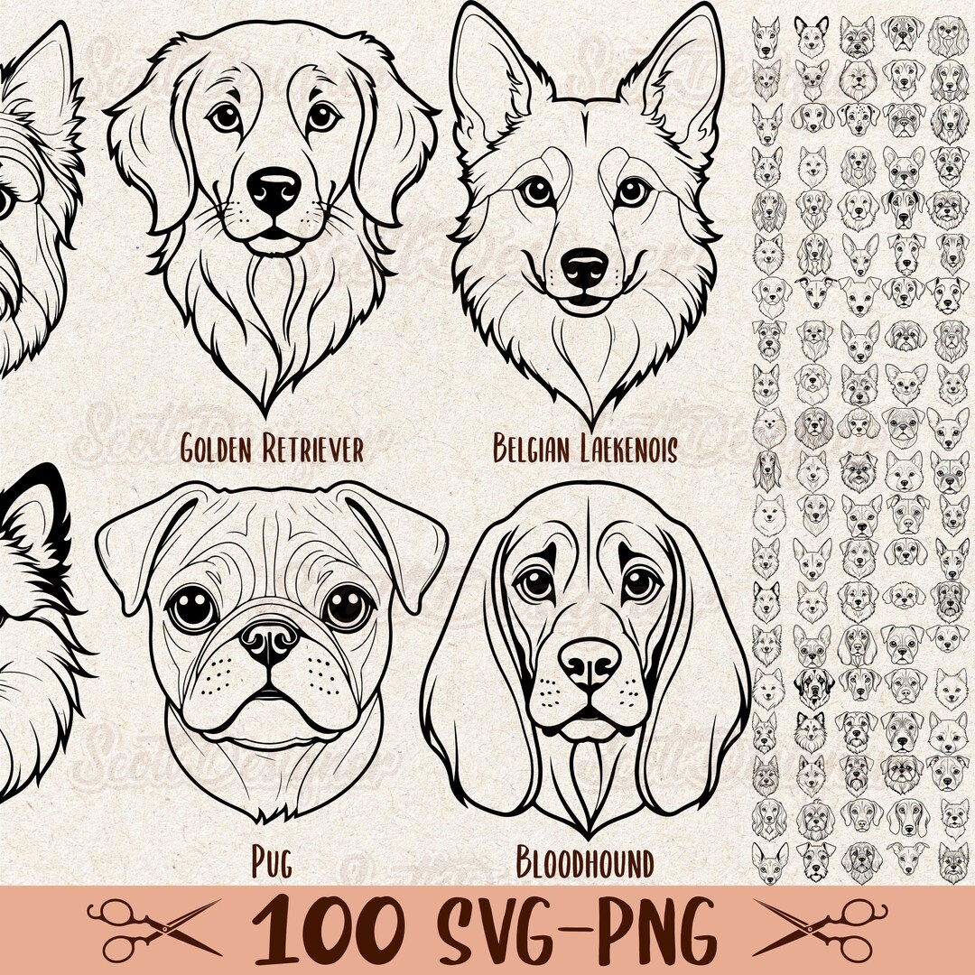Dog Head SVG - PNG, Dog Icon Svg, 100 Dog Breeds SVG, Continuous One ...