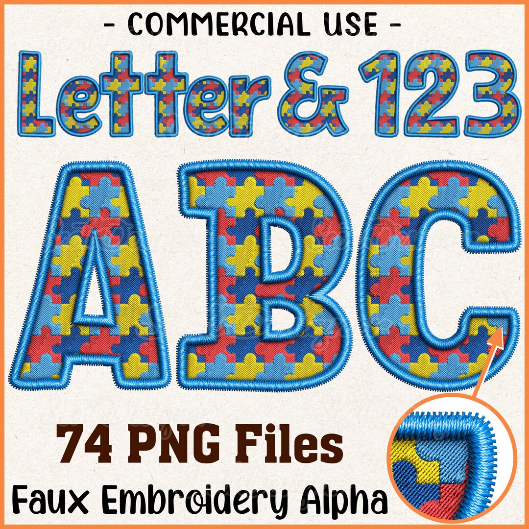 Autism Faux Embroidery PNG Alphabet, Puzzle Piece Autism Alphabets ...