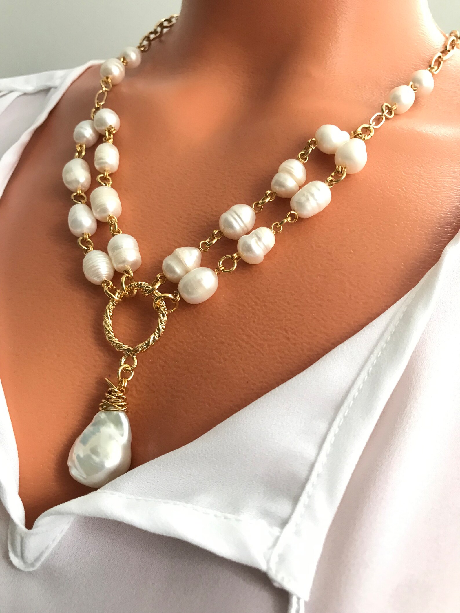 Fresh Water Pearl Gold Filled Link Chain Layered Statement Necklace - Etsy