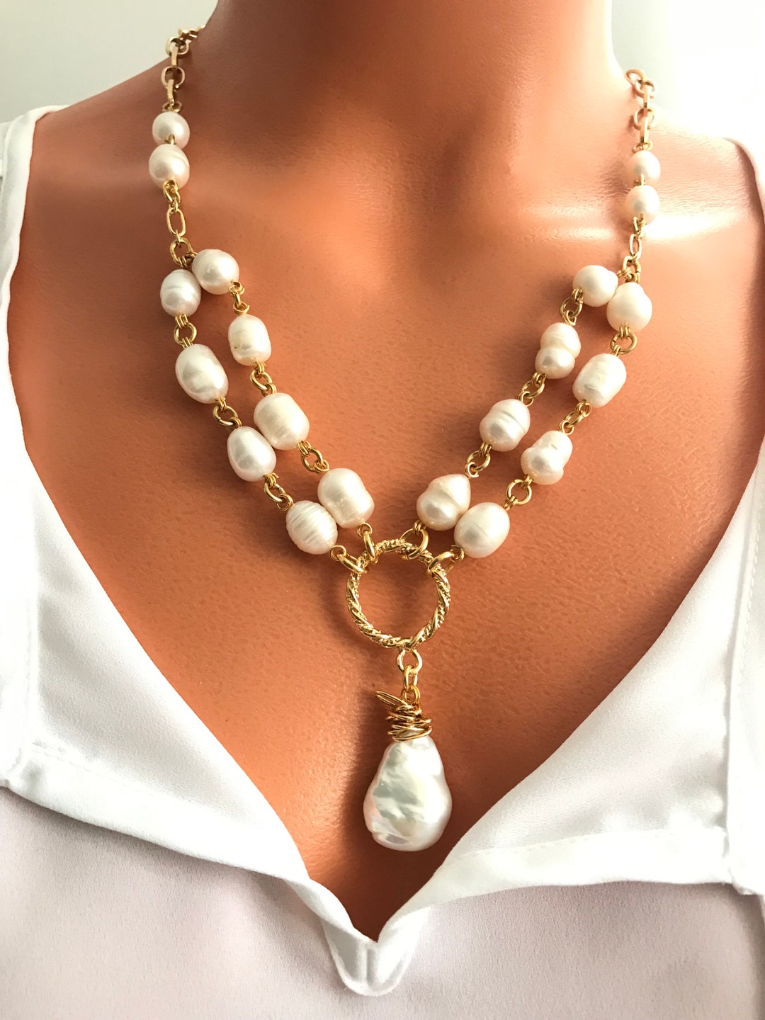 Fresh Water Pearl Gold Filled Link Chain Layered Statement Necklace - Etsy