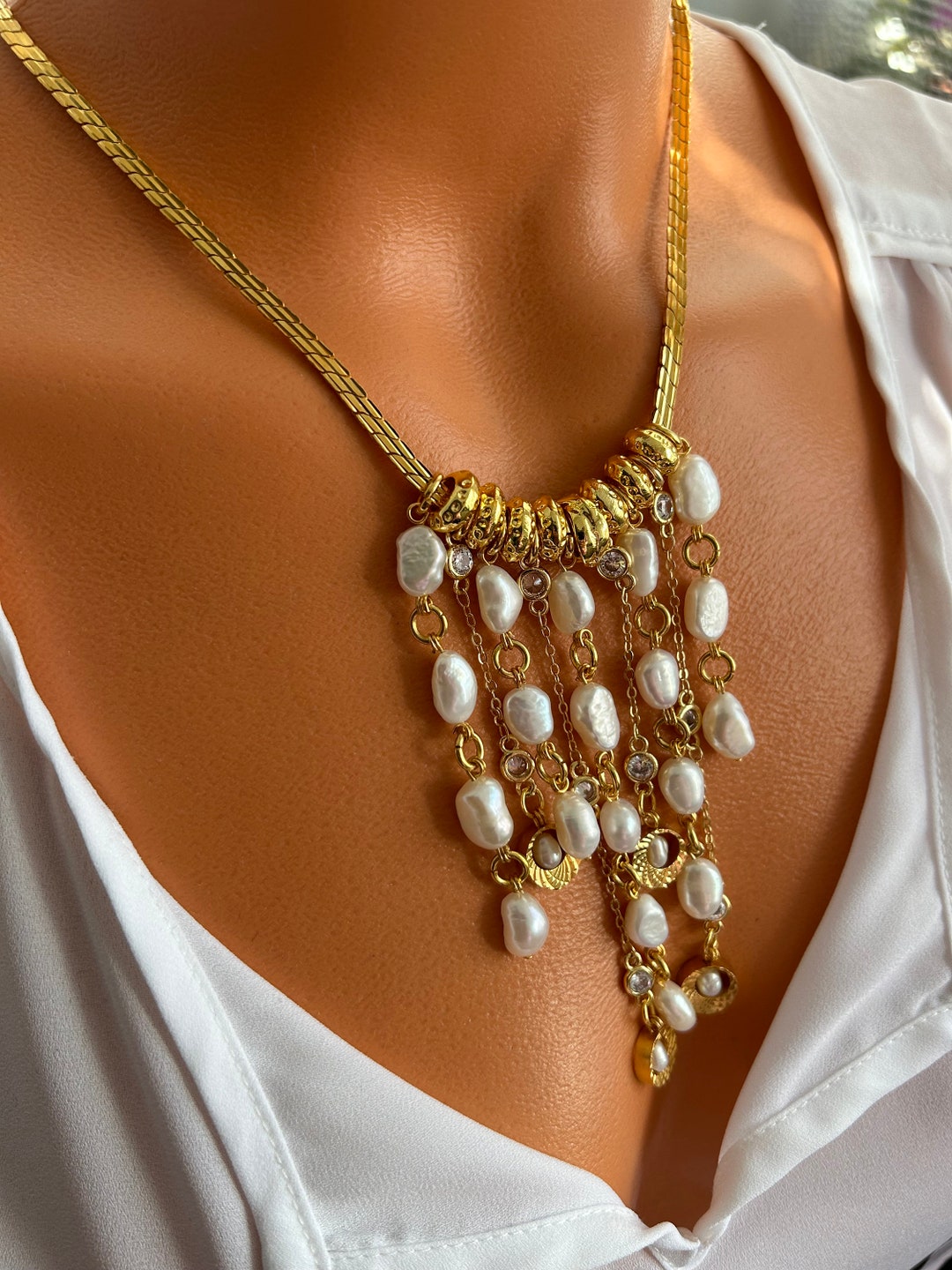 Gold Filled Snake Link Chain & Fresh Water Pearls Necklace - Etsy