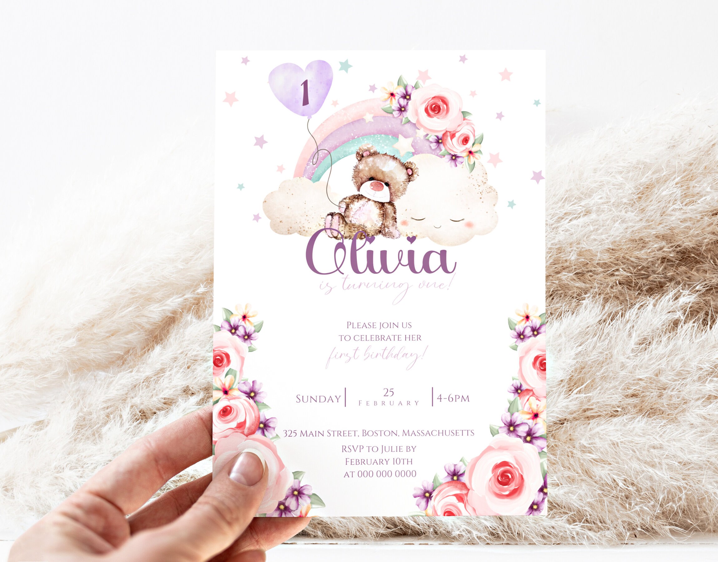 Super Cute First Birthday Invitation Printable Editable Template Baby ...
