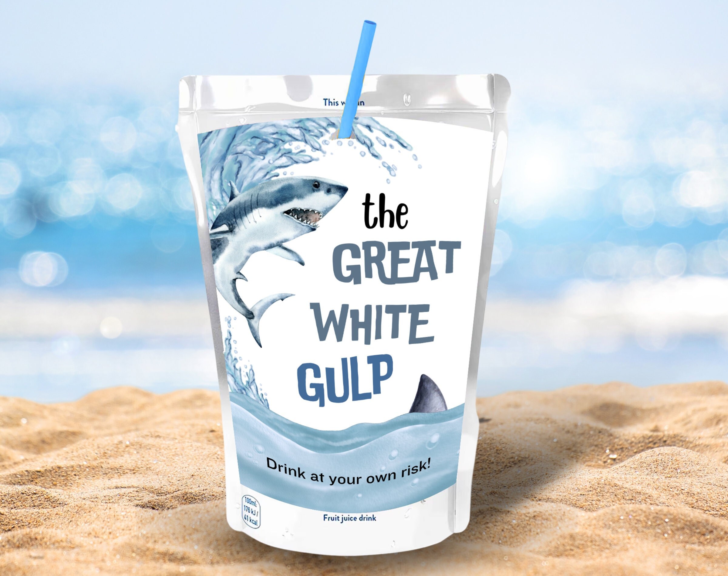 Printable Shark Boy Birthday Juice Pouch Label Great White Shark Decor ...