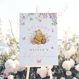 Winnie the Pooh Baby Shower Welcome Sign Printable Pink Winnie the Pooh ...