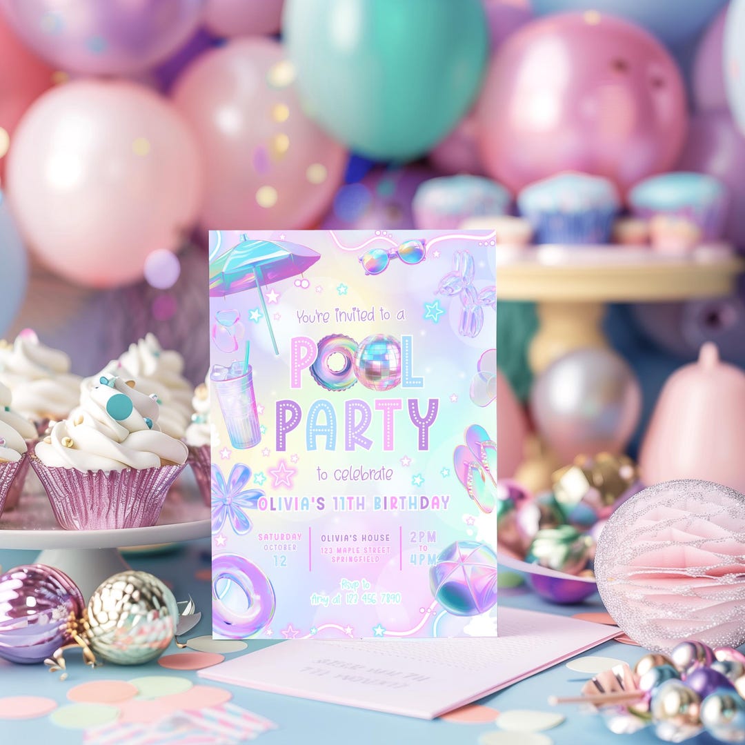 Pool Party Invitation Neon Glow Party 13th Birthday Invitation ...