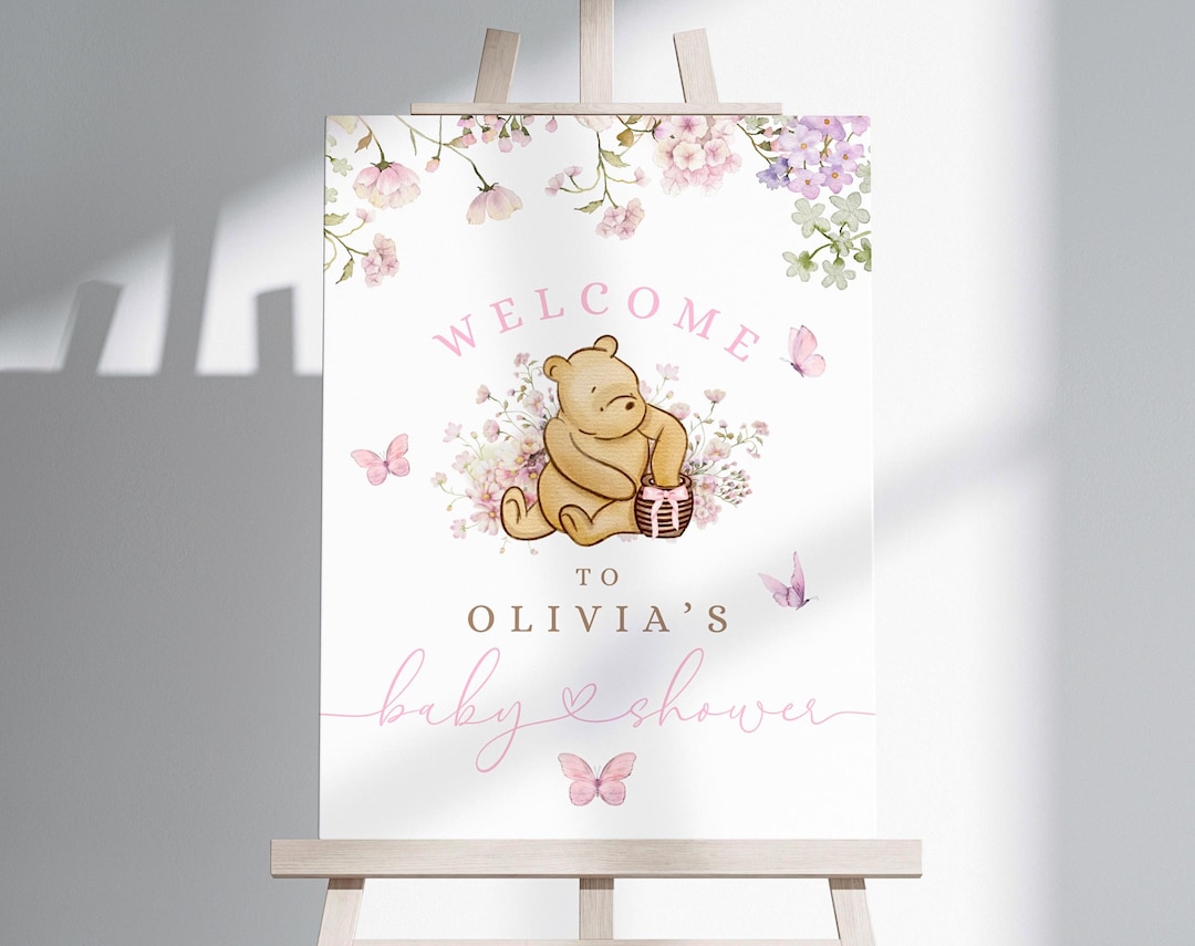 Winnie the Pooh Baby Shower Welcome Sign Printable Pink Winnie the Pooh ...