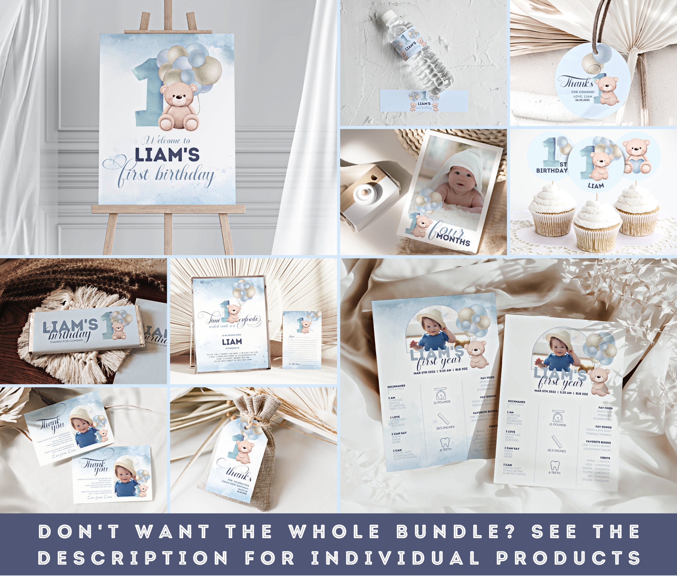 Baby Blue First Birthday Party Set Bundle | Teddy Bear Balloons ...