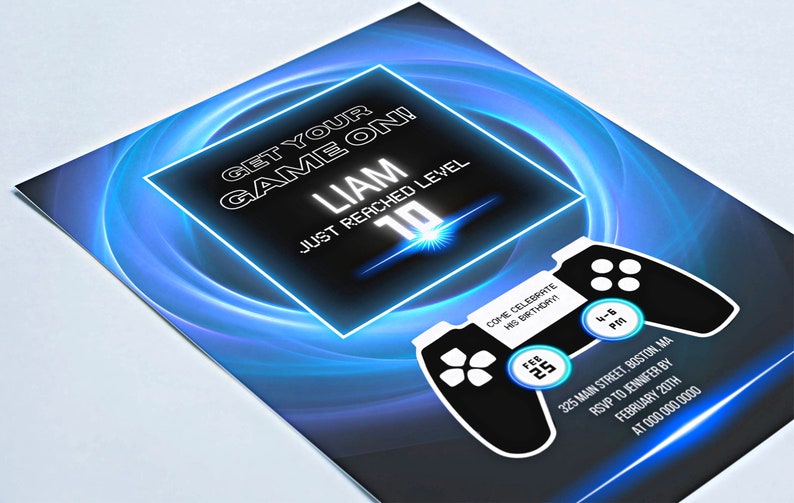 Gaming PS5 Birthday Party Invitation Template | Printable! | Neon Blue ...