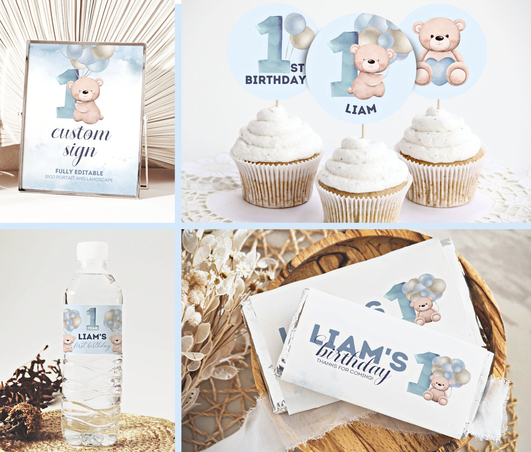 Baby Blue First Birthday Party Set Bundle | Teddy Bear Balloons ...
