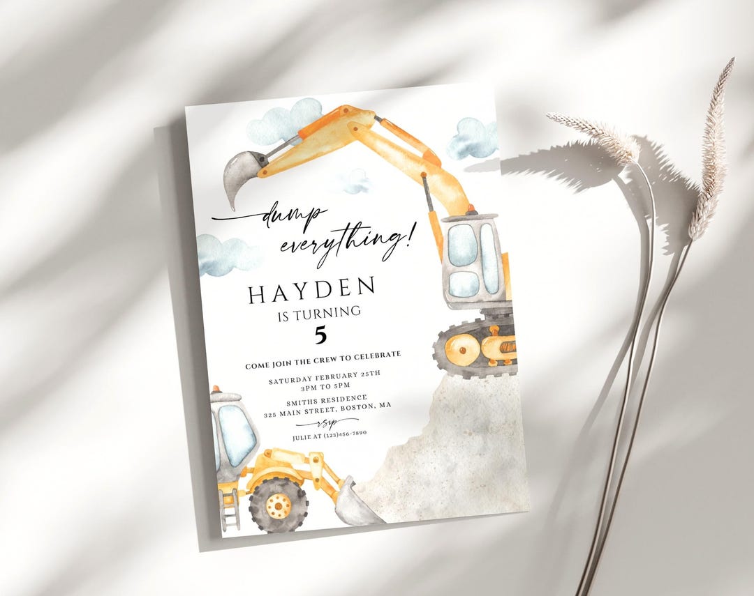 Construction Birthday Party Invitation Printable Birthday Boy Excavator ...