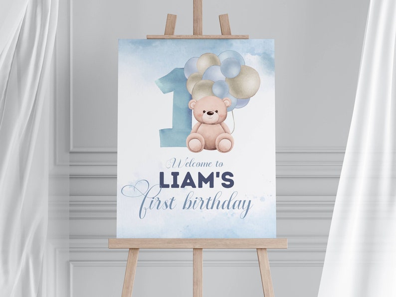 WELCOME SIGN Baby Blue First Birthday | MATCHING Products! | Free Edit ...