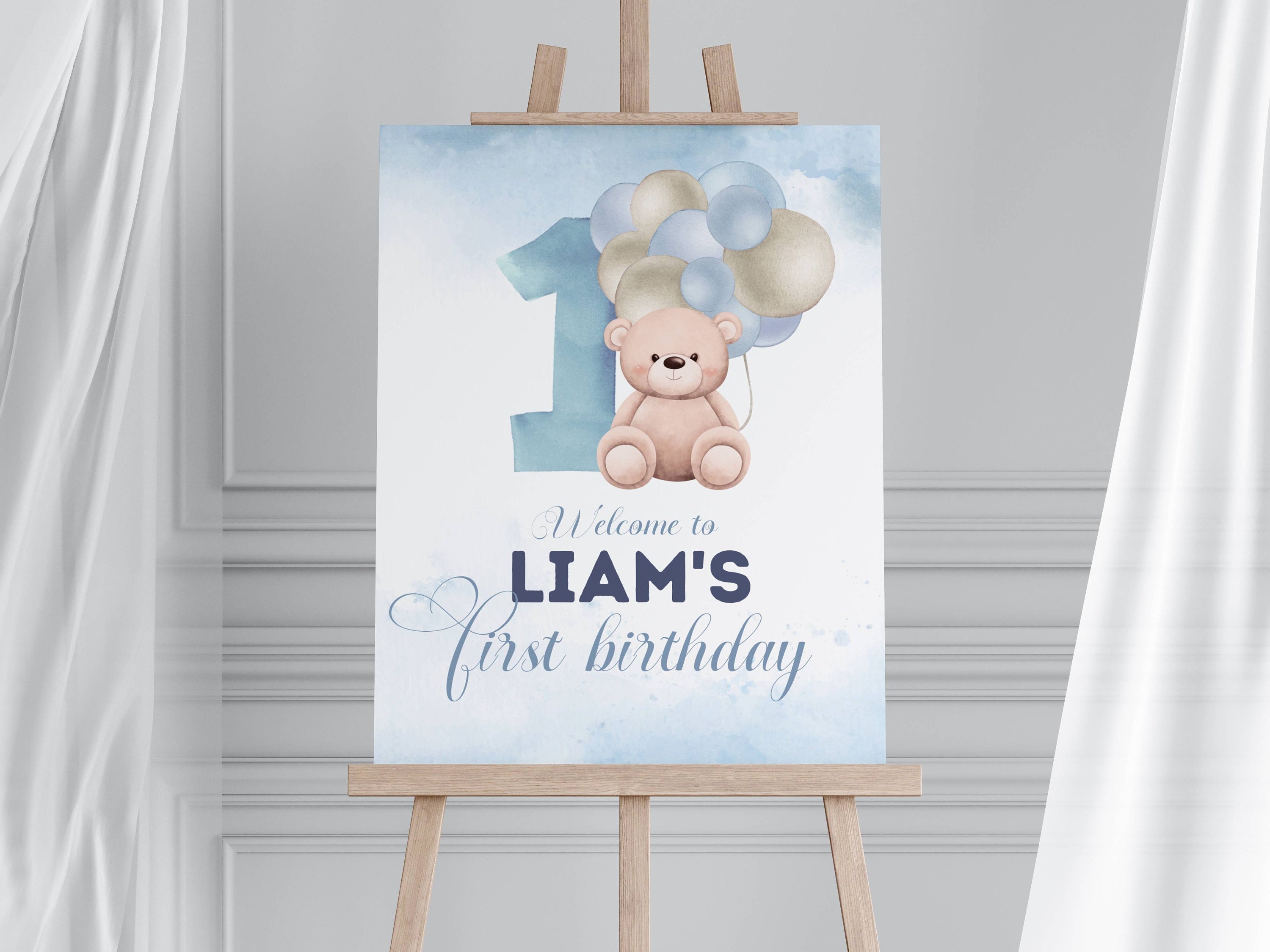 WELCOME SIGN Baby Blue First Birthday MATCHING Products Free Edit Teddy ...