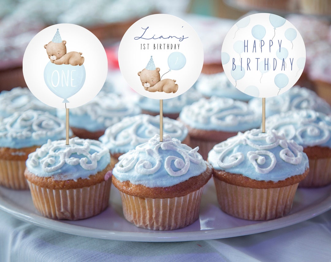 Baby Blue Birthday CUPCAKE TOPPER TEMPLATES With Teddy Bear & Balloons ...