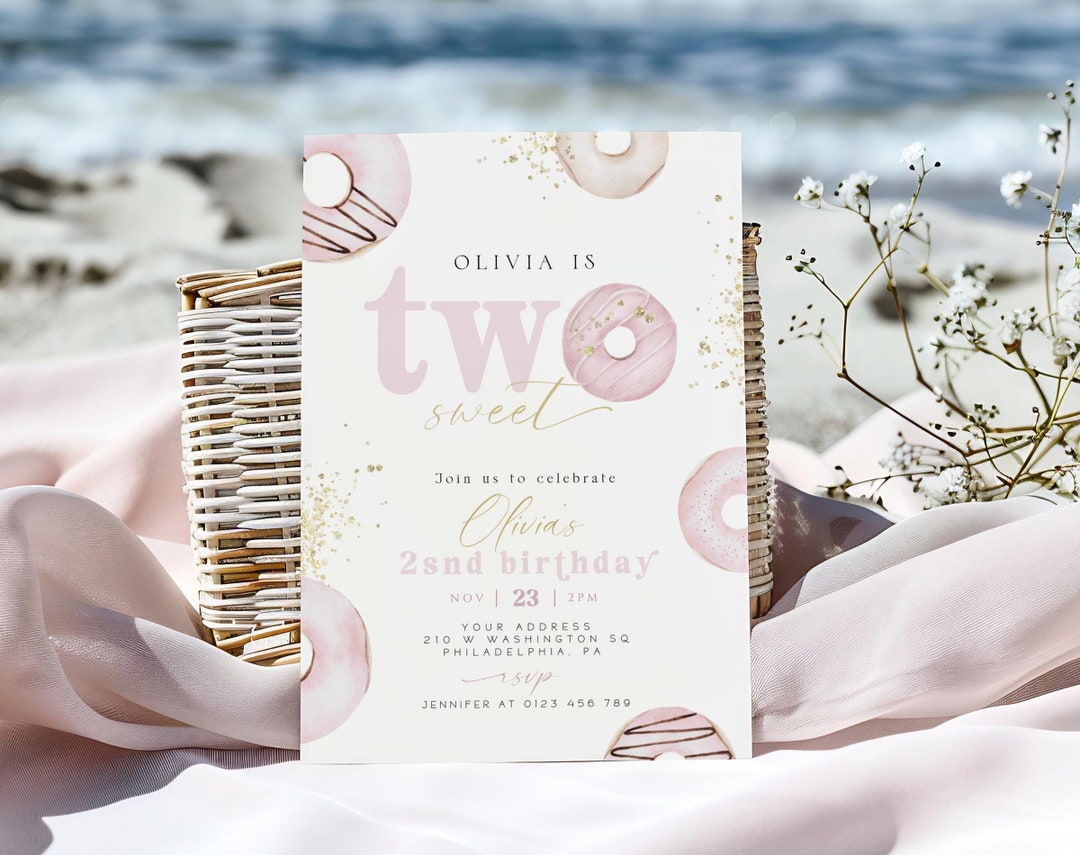 Two Sweet Birthday Invitation Two Sweet 2nd Birthday Party Pink Donut ...