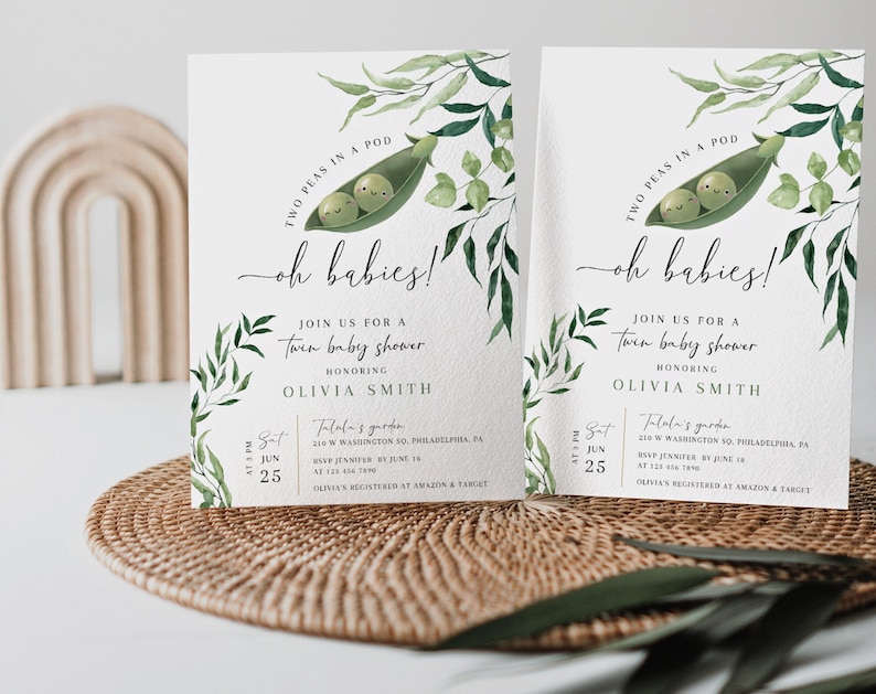 Twin Baby Shower Invitation, Two Peas in a Pod, Printable, Greenery ...