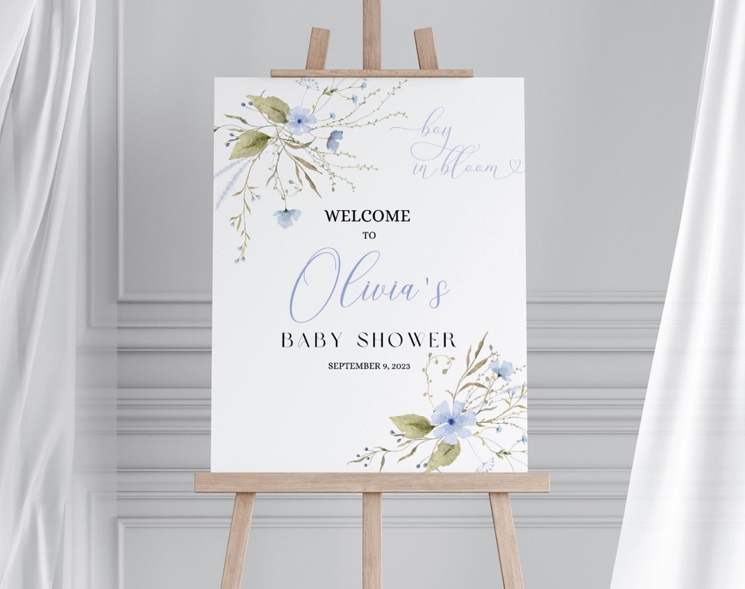 Baby Boy in Bloom Welcome Sign, Baby Shower Welcome Sign Printable Blue ...