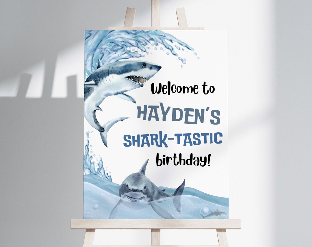 Editable Shark Boy Birthday Welcome Sign Great White Shark Decor Boy ...