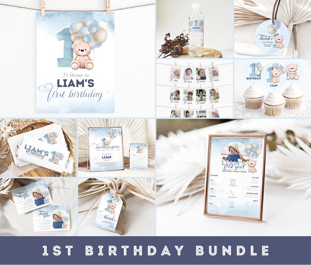 Baby Blue First Birthday Party Set Bundle | Teddy Bear Balloons ...