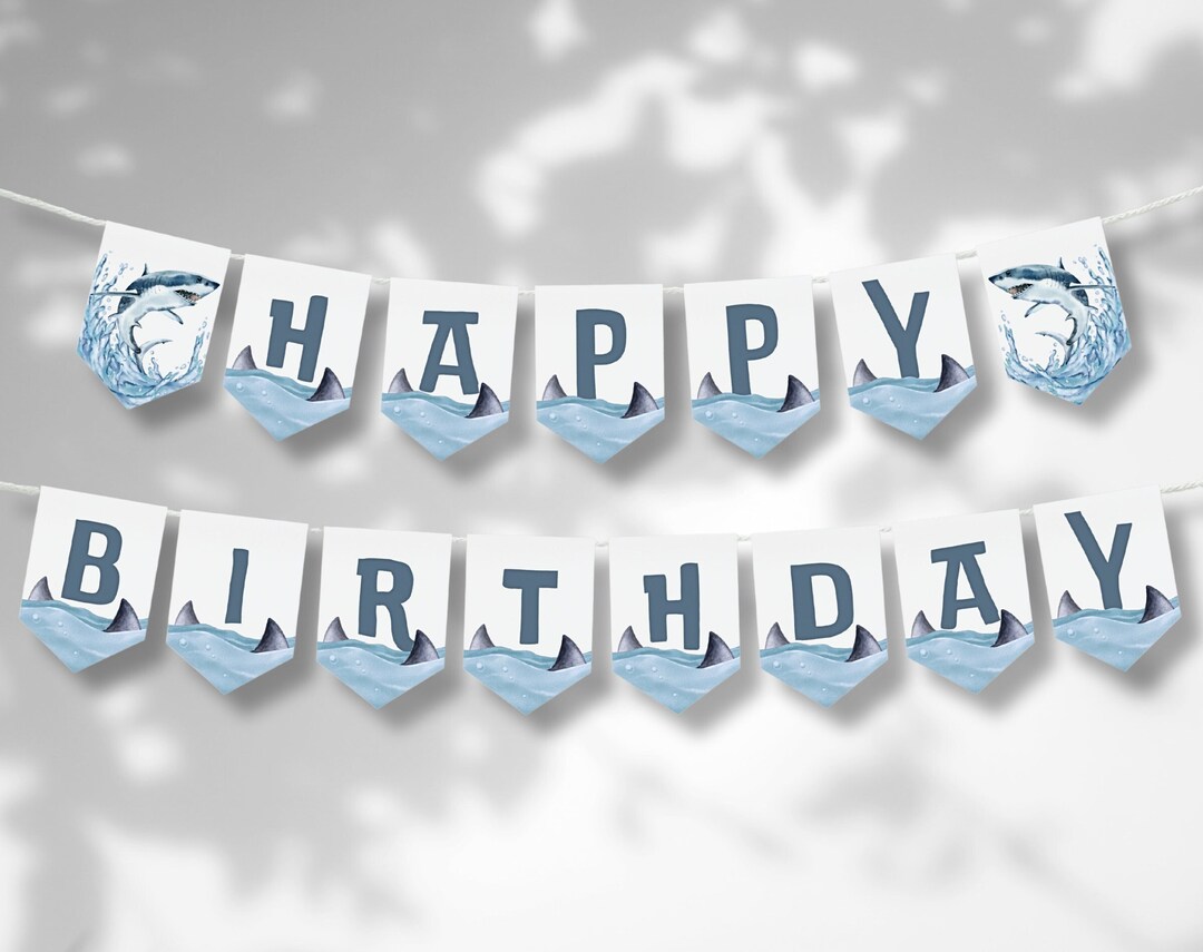 Ready to Print Shark Boy Birthday Banner Great White Shark Decor Boy ...