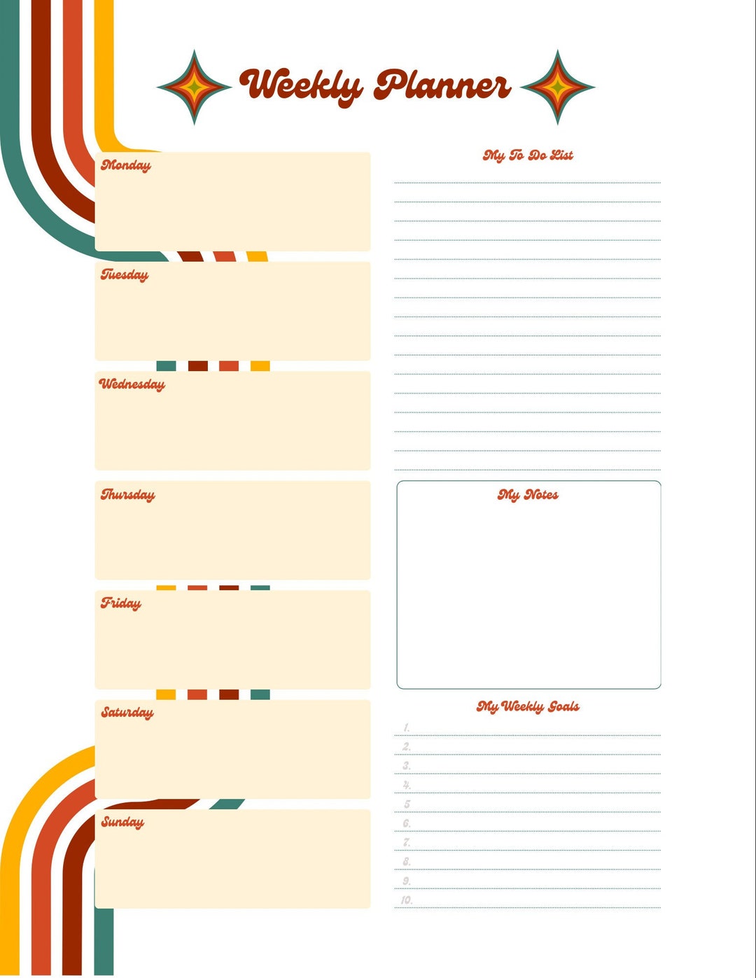 70s Retro Weekly Planner Sheet - Etsy