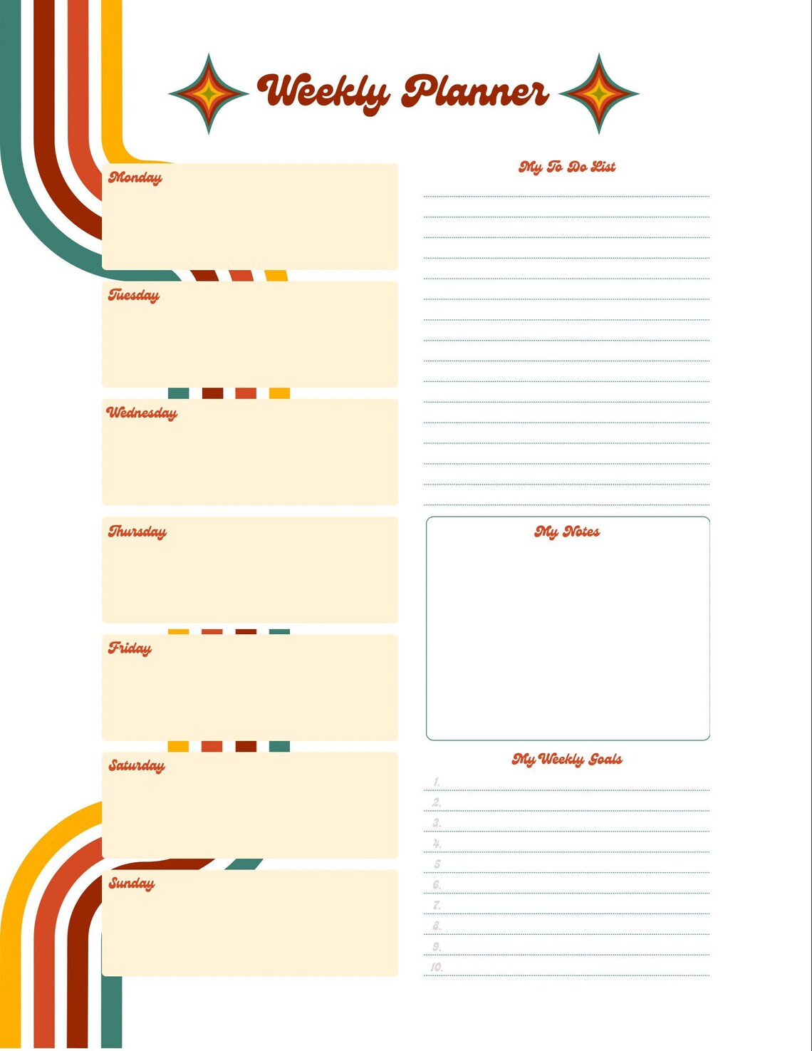 70s Retro Weekly Planner Sheet - Etsy