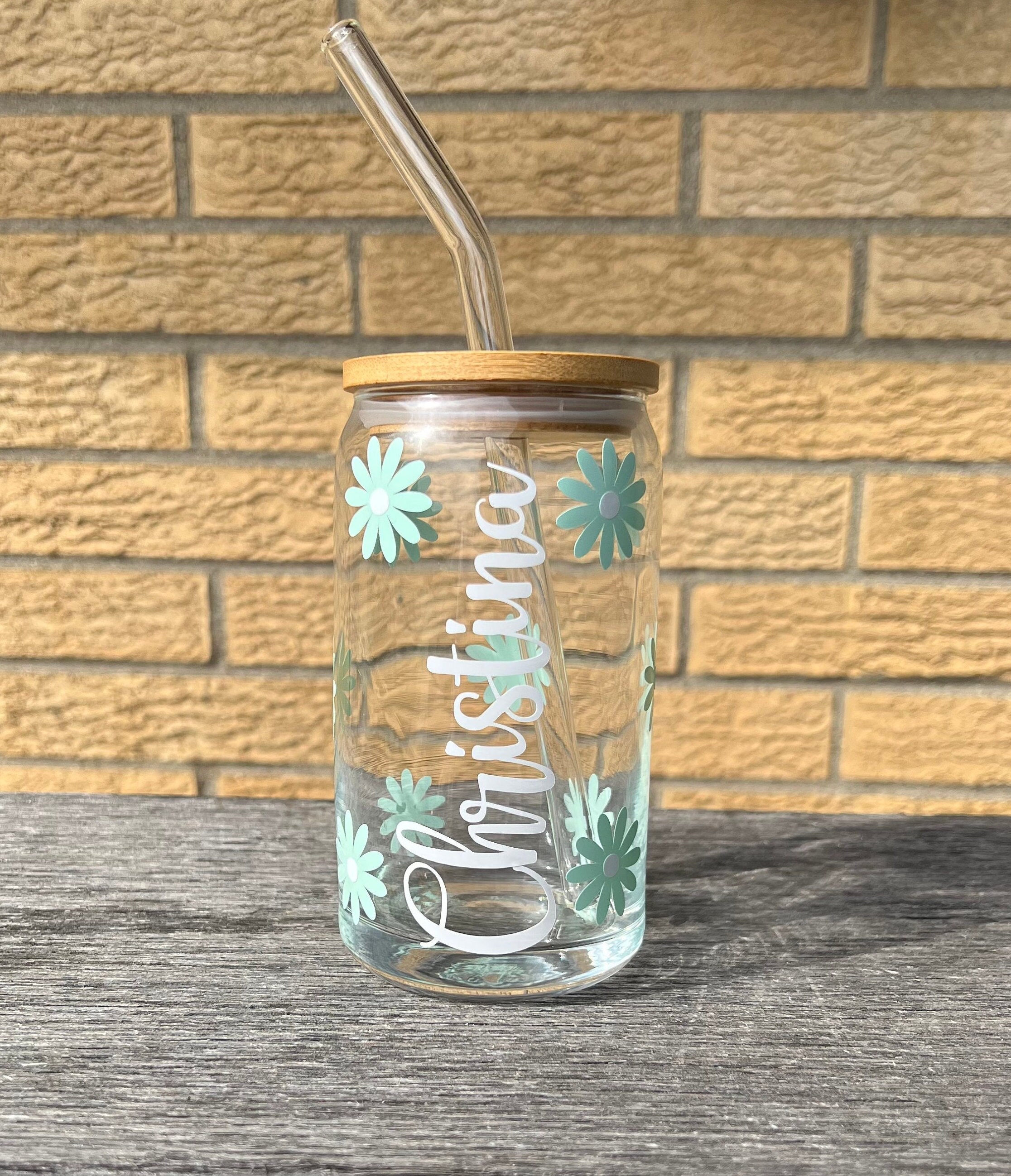 Personalized Daisy Glass Cup/daisy Glass Cup With Bamboo Lid & Straw ...