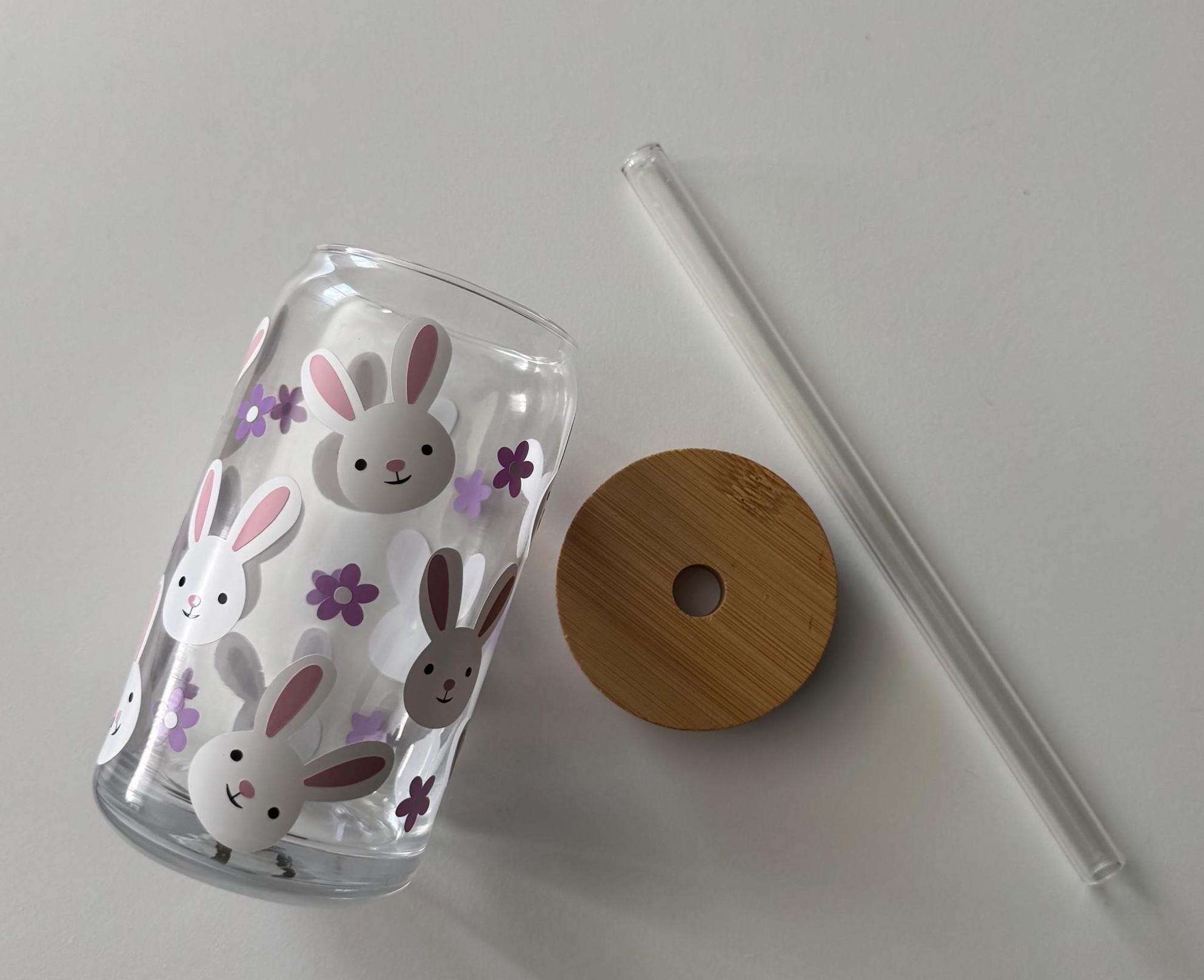Easter Bunny Glass Cup, Bamboo Lid & Straw, Spring Decor - Etsy