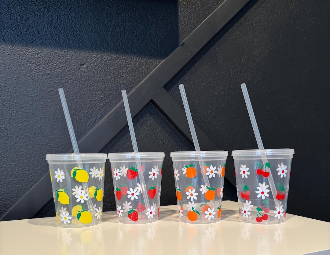 Cute Fruit & Daisy Cups W/ Lid and Straw/fruit Aesthetic Cups/ Fruit ...