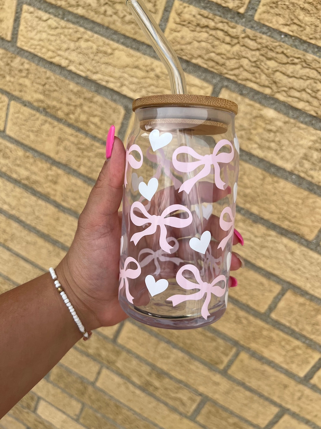Pink Bow Glass Cup/coquette Bow Cup/gifts for Her/bow & Heart Cup ...