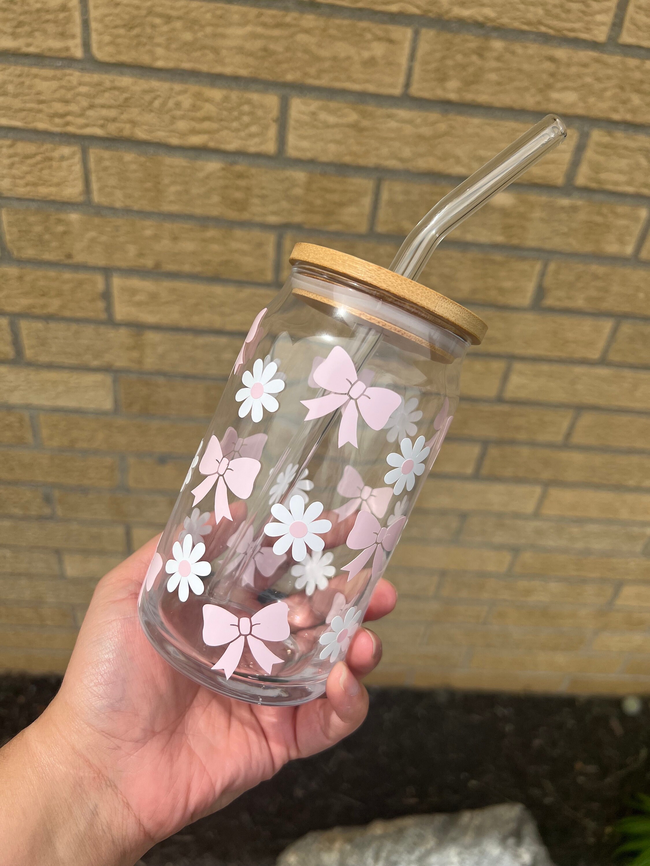 Pink Bow Glass Cup/coquette Bow Cup/gifts for Her/bow & Daisy Glass Cup ...
