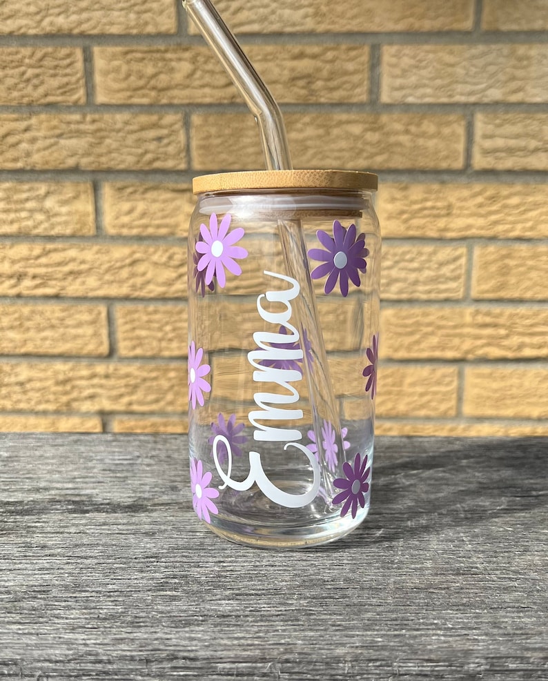 Personalized Daisy Glass Cup/daisy Glass Cup With Bamboo Lid & Straw ...