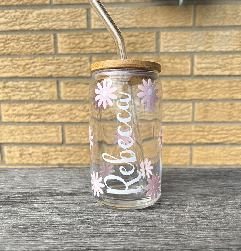 Personalized Daisy Glass Cup/daisy Glass Cup With Bamboo Lid & Straw ...