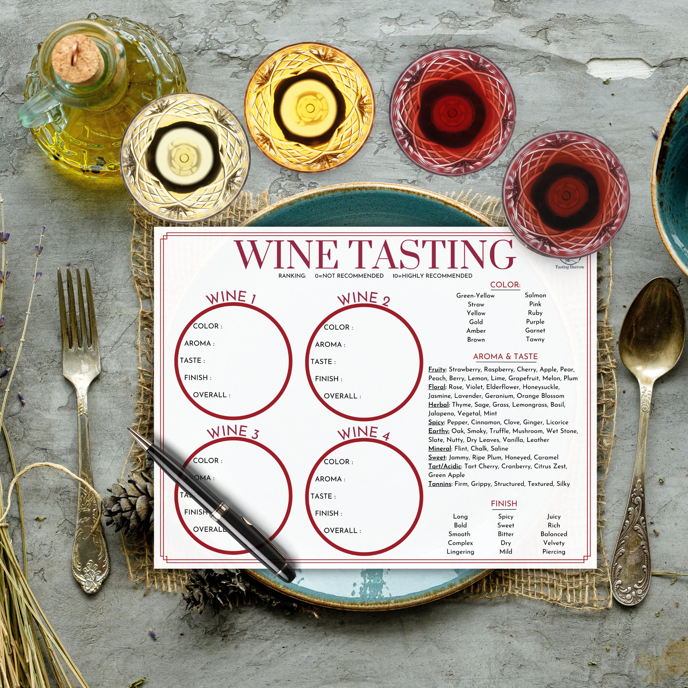 Wine Tasting Guide & Card, Wine Tasting Party Game, Wine Tasting Scorecard Tasting Mat Sheet ...