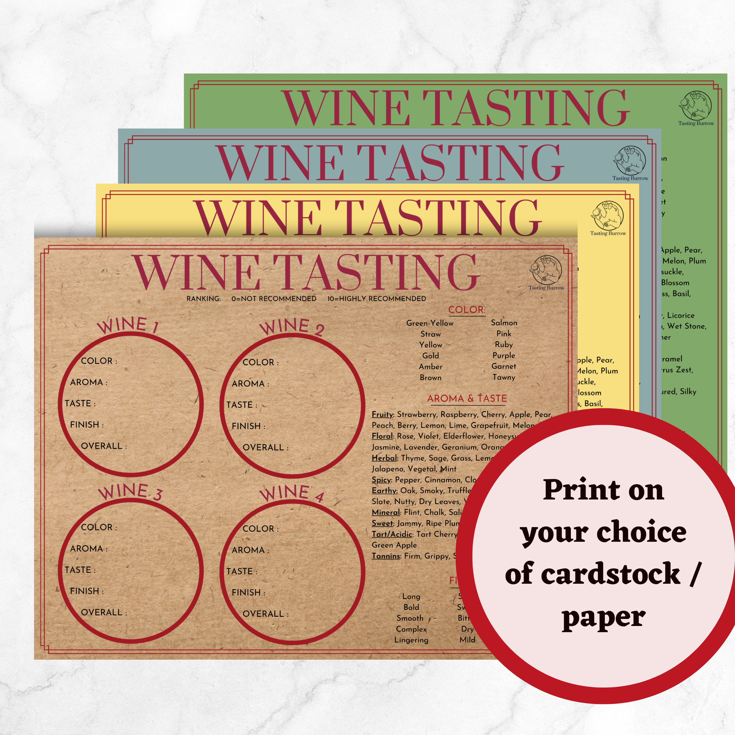 Wine Tasting Guide & Card, Wine Tasting Party Game, Wine Tasting Scorecard Tasting Mat Sheet ...